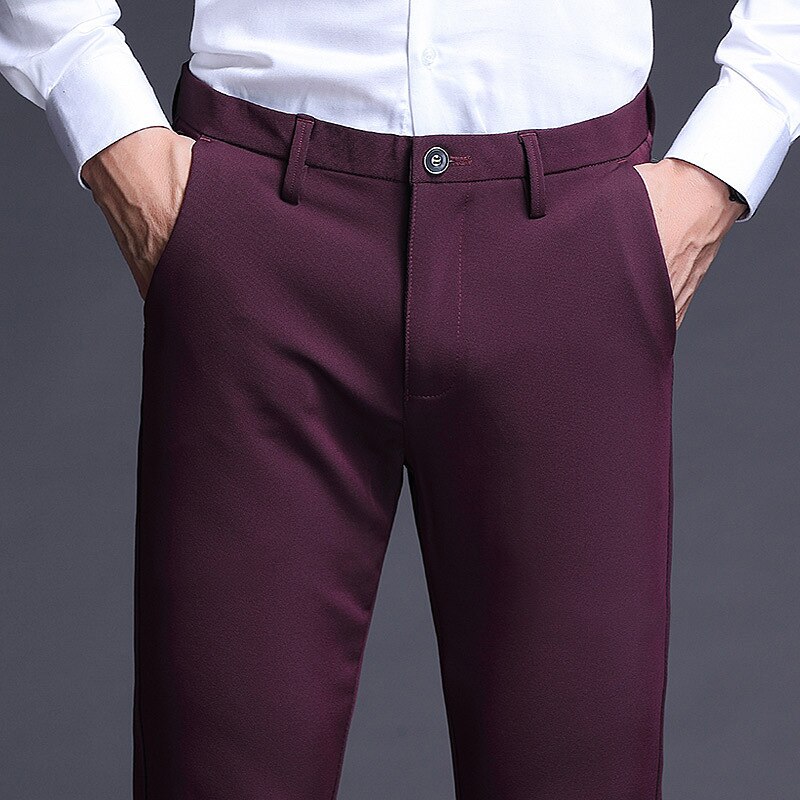 Men's Wine Red Slim Trousers Stretch Youth Pants S... – Grandado