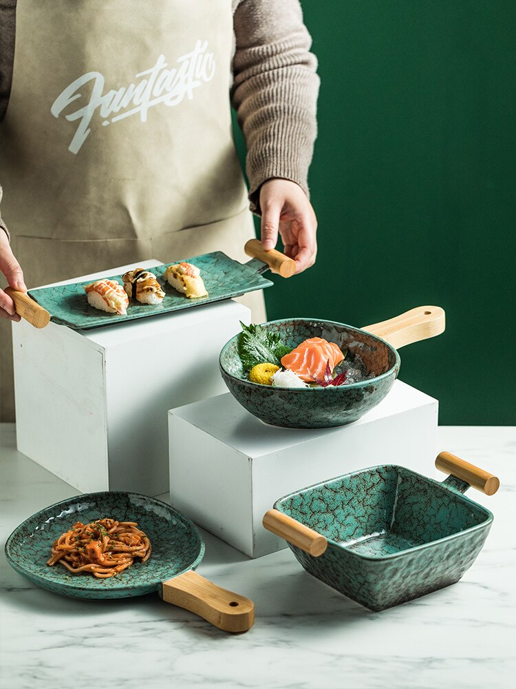 Retro Ceramic Dinner Plate with Wooden Handle Deep... – Grandado