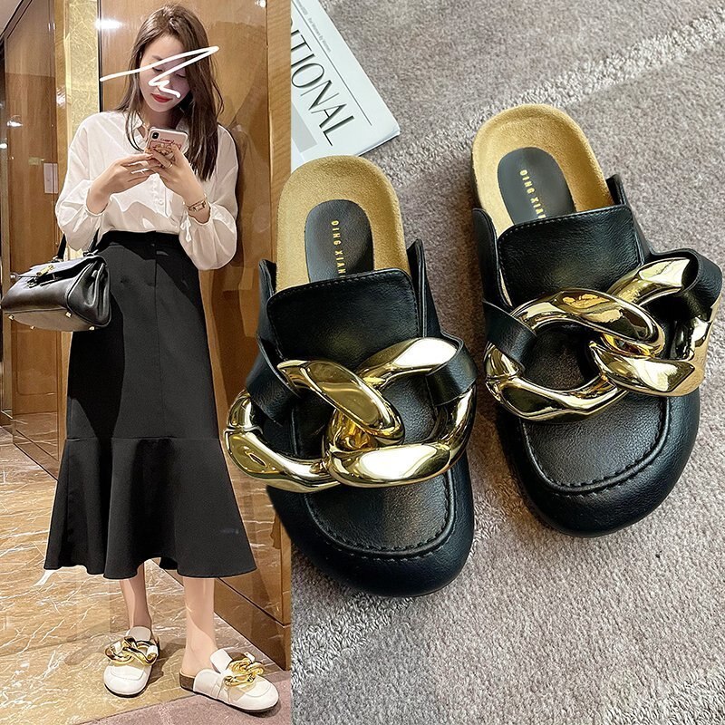 Sandals Women's Slippers Brand Big Gold Chain Sand... – Grandado