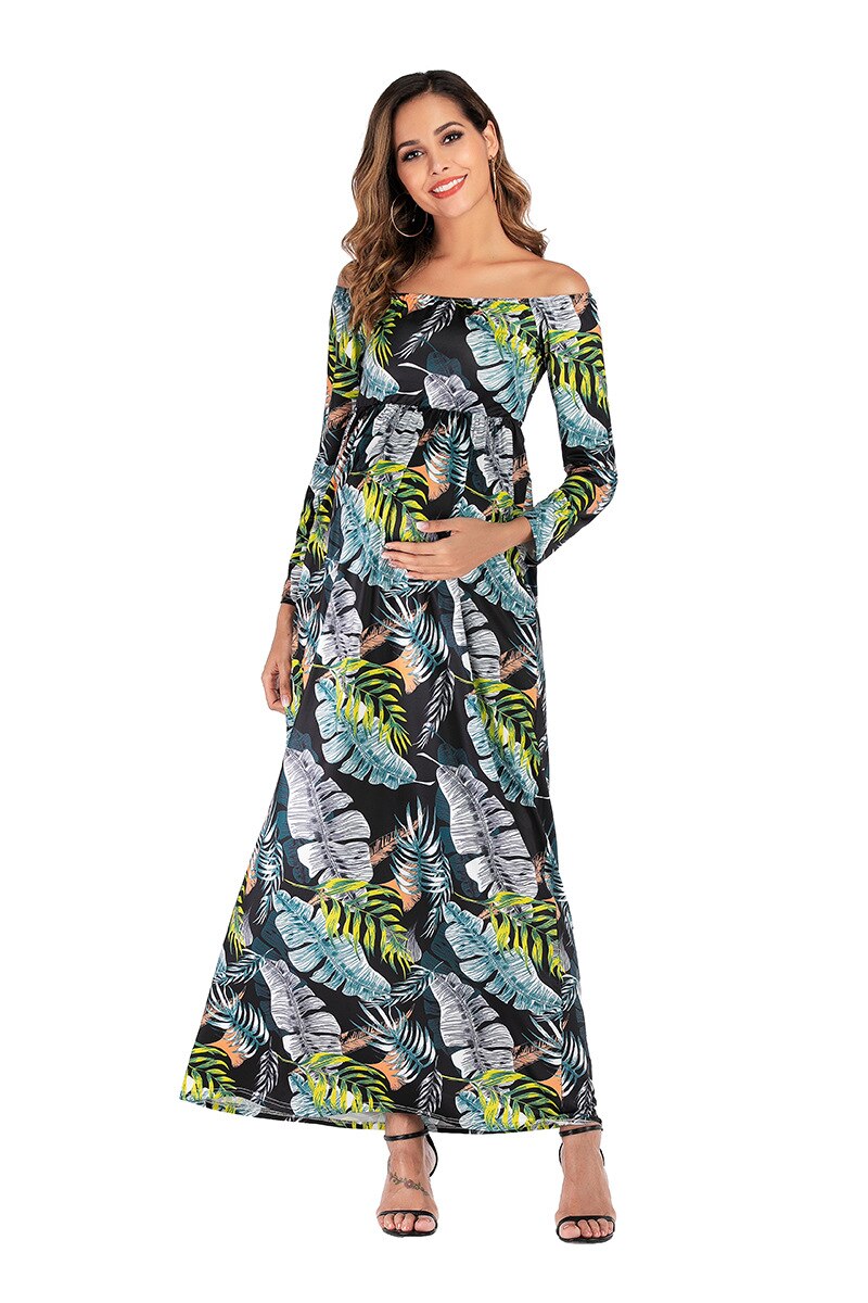 Maternity Dress Word-shoulder Long Sleeve Leaves P... – Grandado