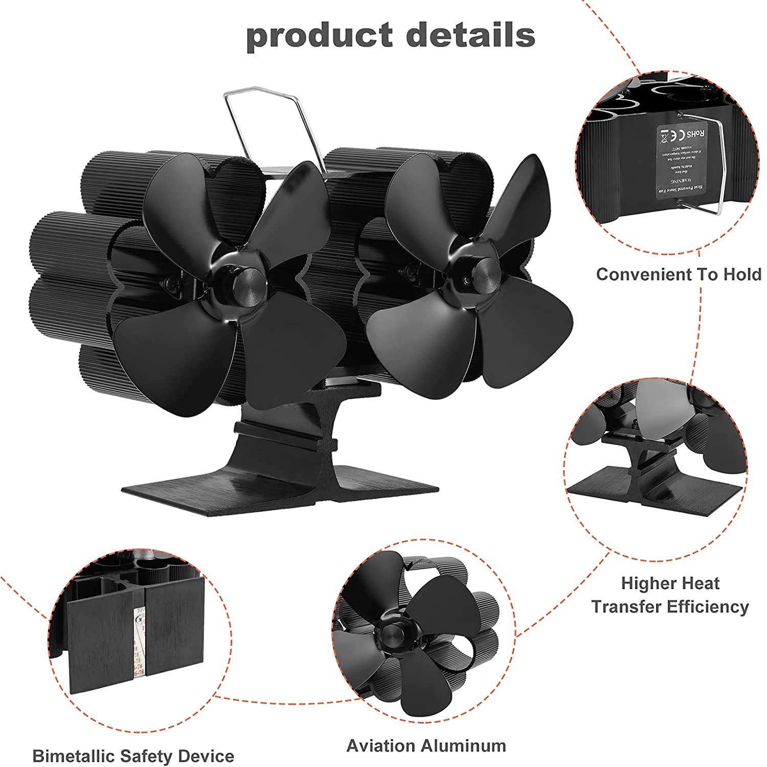 Dual Head 8-Blade Heat Powered Wood Stove Fan Fire... – Grandado