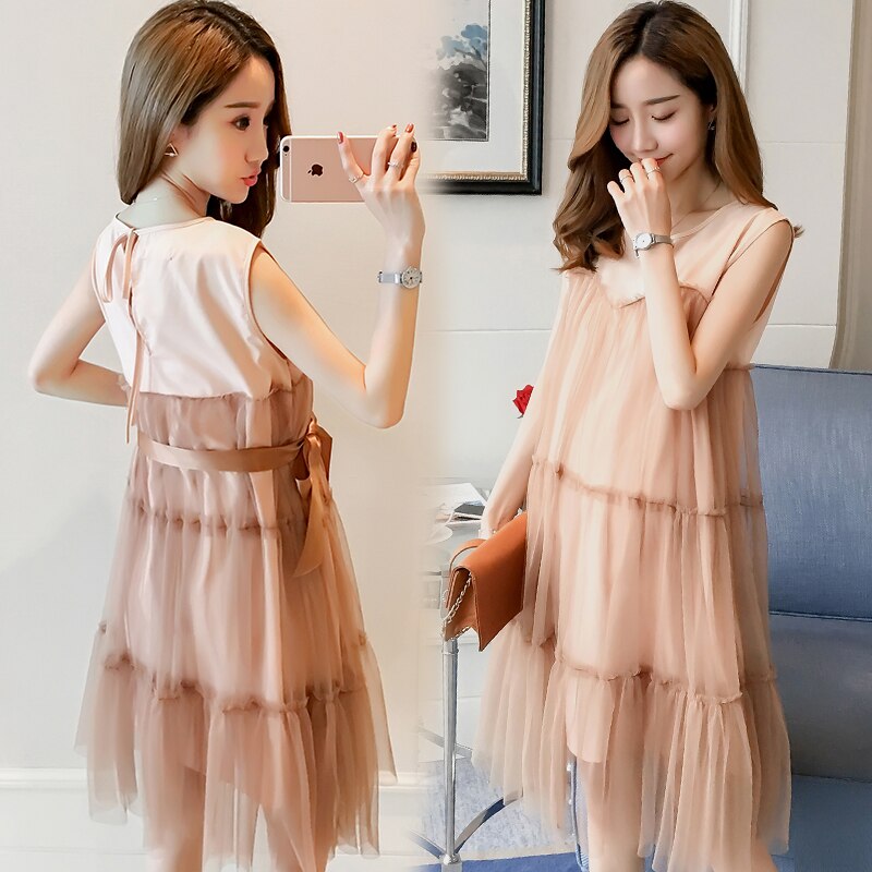 Maternity Summer Sleeveless Mesh Dress With Belt P... – Grandado