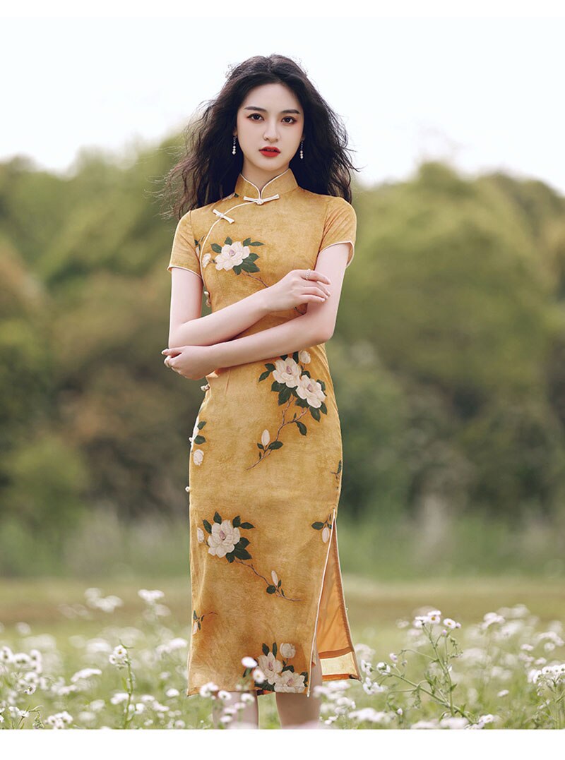 Green Yellow Cheongsam Summer Long Vintage Dresses... – Grandado