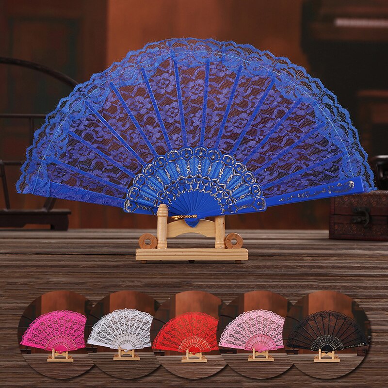 Women's lace hand fan, black and white fabric,... – Grandado