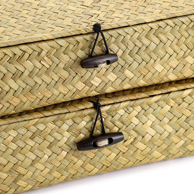Flat Woven Wicker Storage Bins with Lid Natural Se... – Grandado