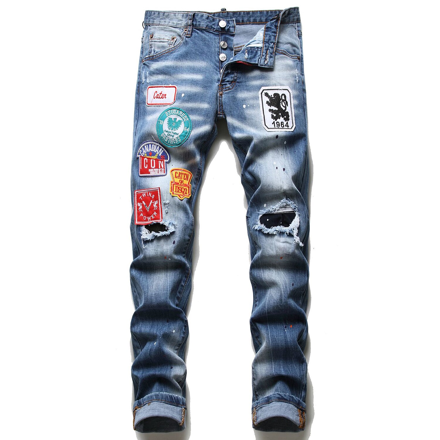 Men’s Ripped Denim Pants,Light Luxury Patches Blue... – Grandado