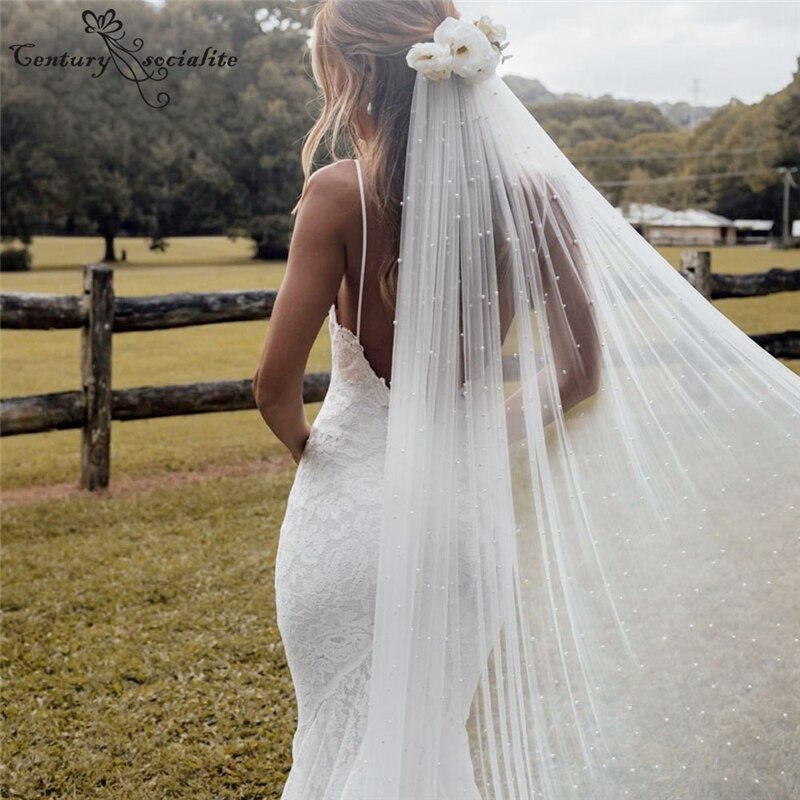 Pearls Ivory Long Bridal Veils with Comb One Layer... – Grandado