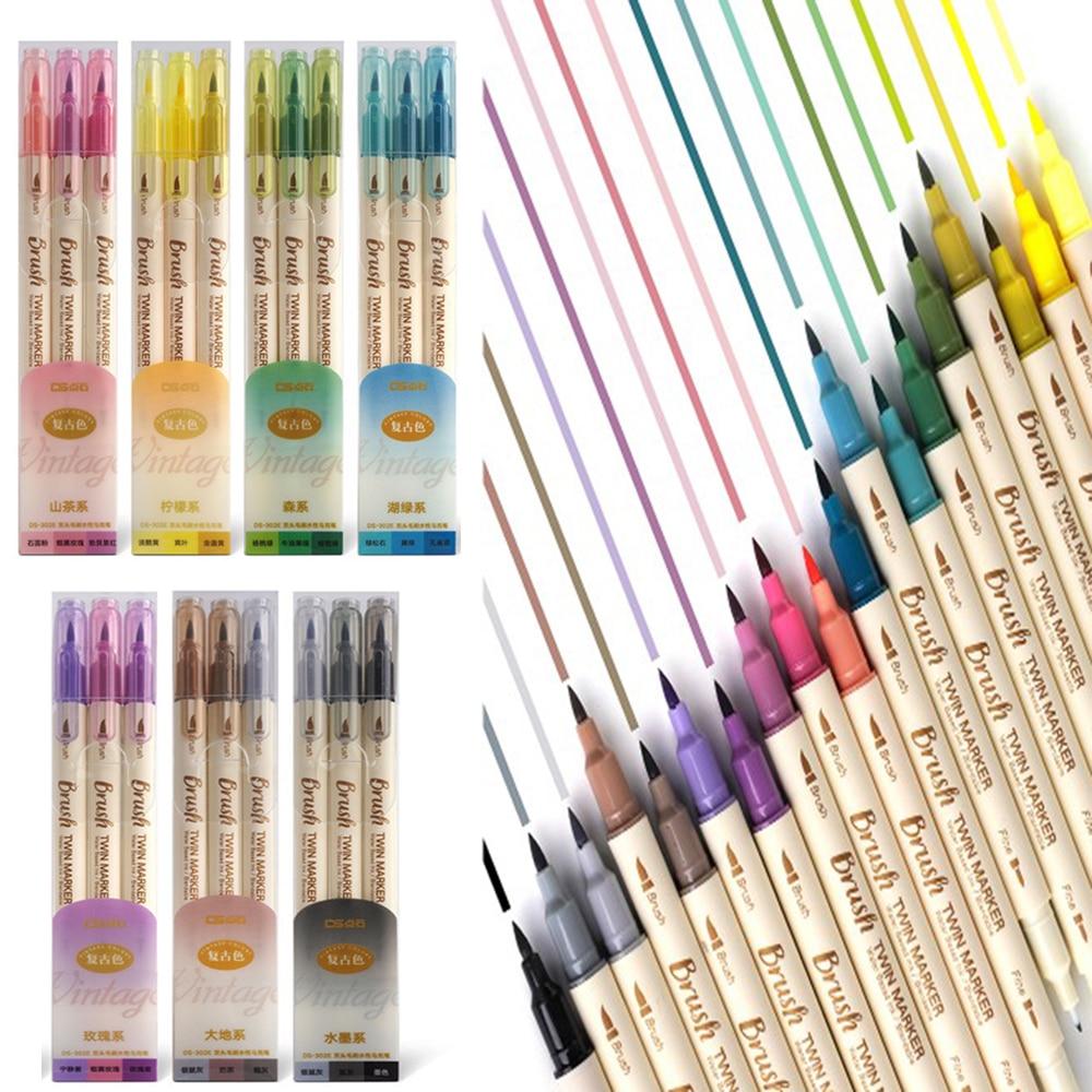 3pcs Retro color Brush Marker Pens Set Dual side F... – Grandado