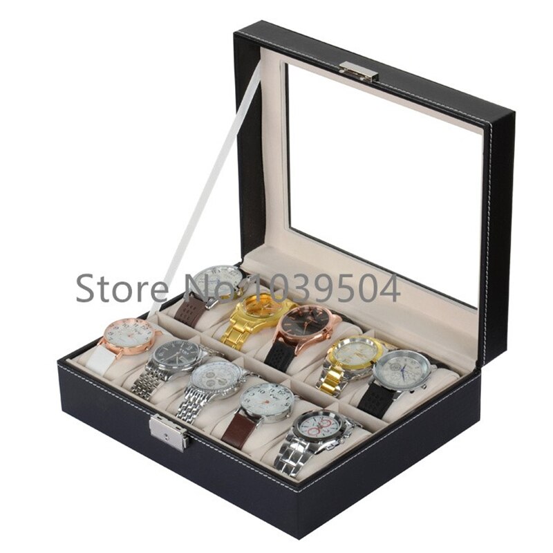 6/10/12 Slots Watch Box Leather With Lock Black Bo... – Grandado
