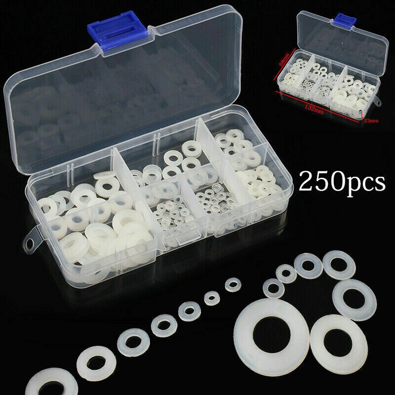 Top Selling 250 * White Nylon Flat Washer Assortment Kit M2 M2.5 M3 M4 ...