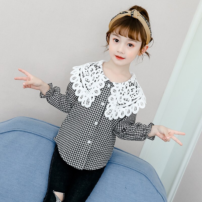 Cute Girls Blouses Casual Lace Collar Cotton Plaid... – Grandado