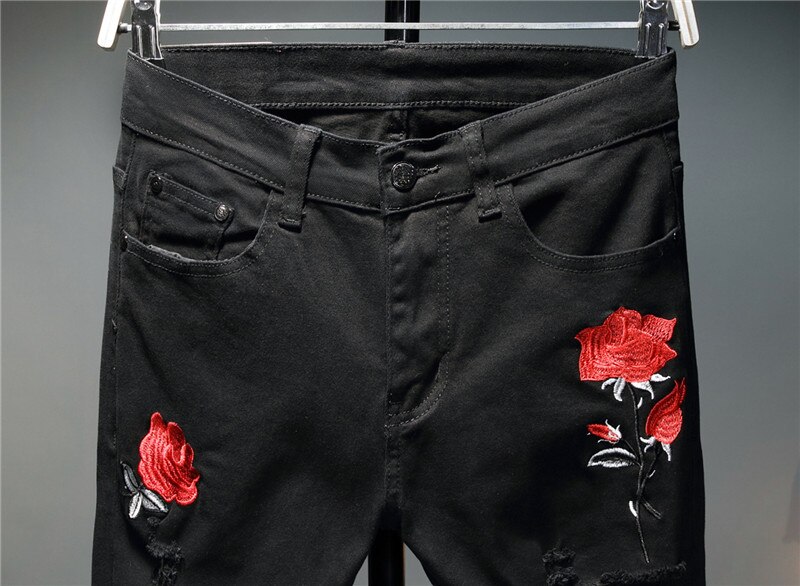 Mens Rose Embroidery Ripped Jeans Destroyed Patchw... – Vicedeal
