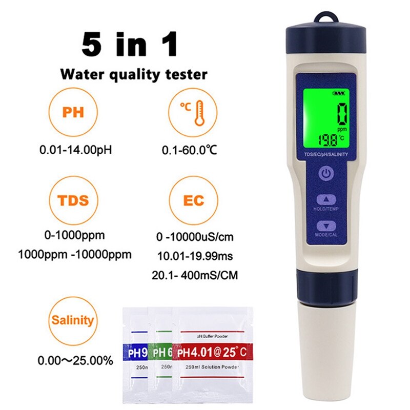 ! 5 In 1 Digital Temperature Meter TDS/EC/PH/Salin... – Grandado