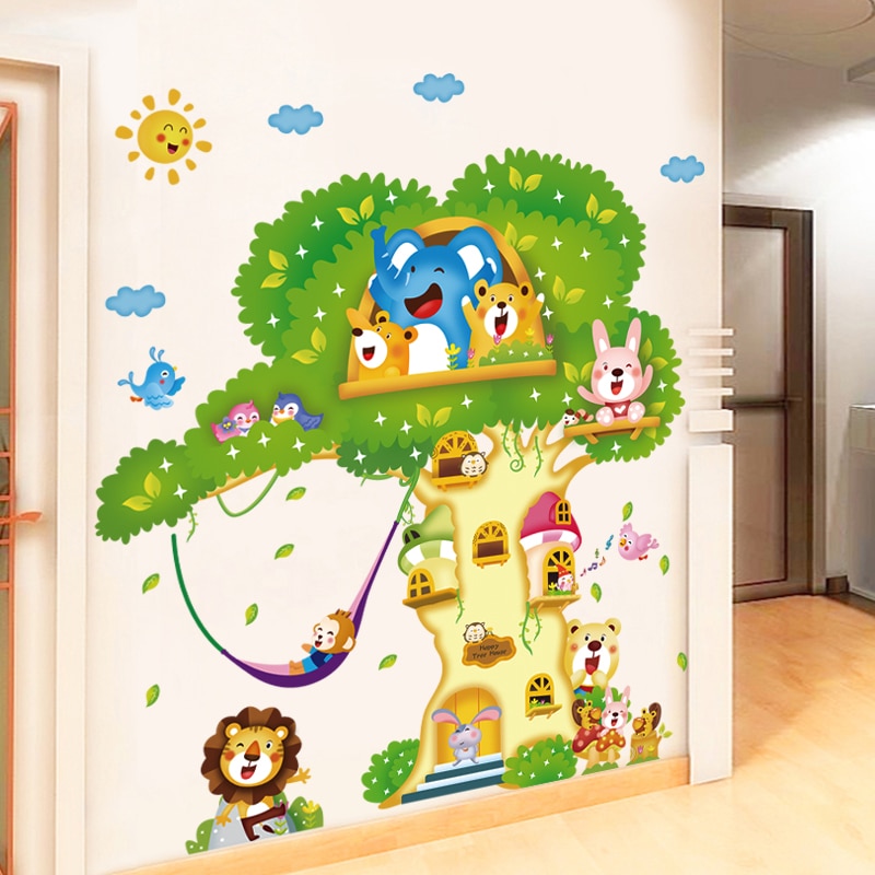 Cute Animals Wall Sticker Cartoon The tree House C... – Grandado