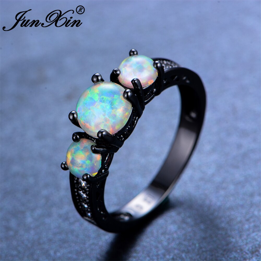 JUNXIN Female White Round Fire Opal Ring Black Gol... – Vicedeal