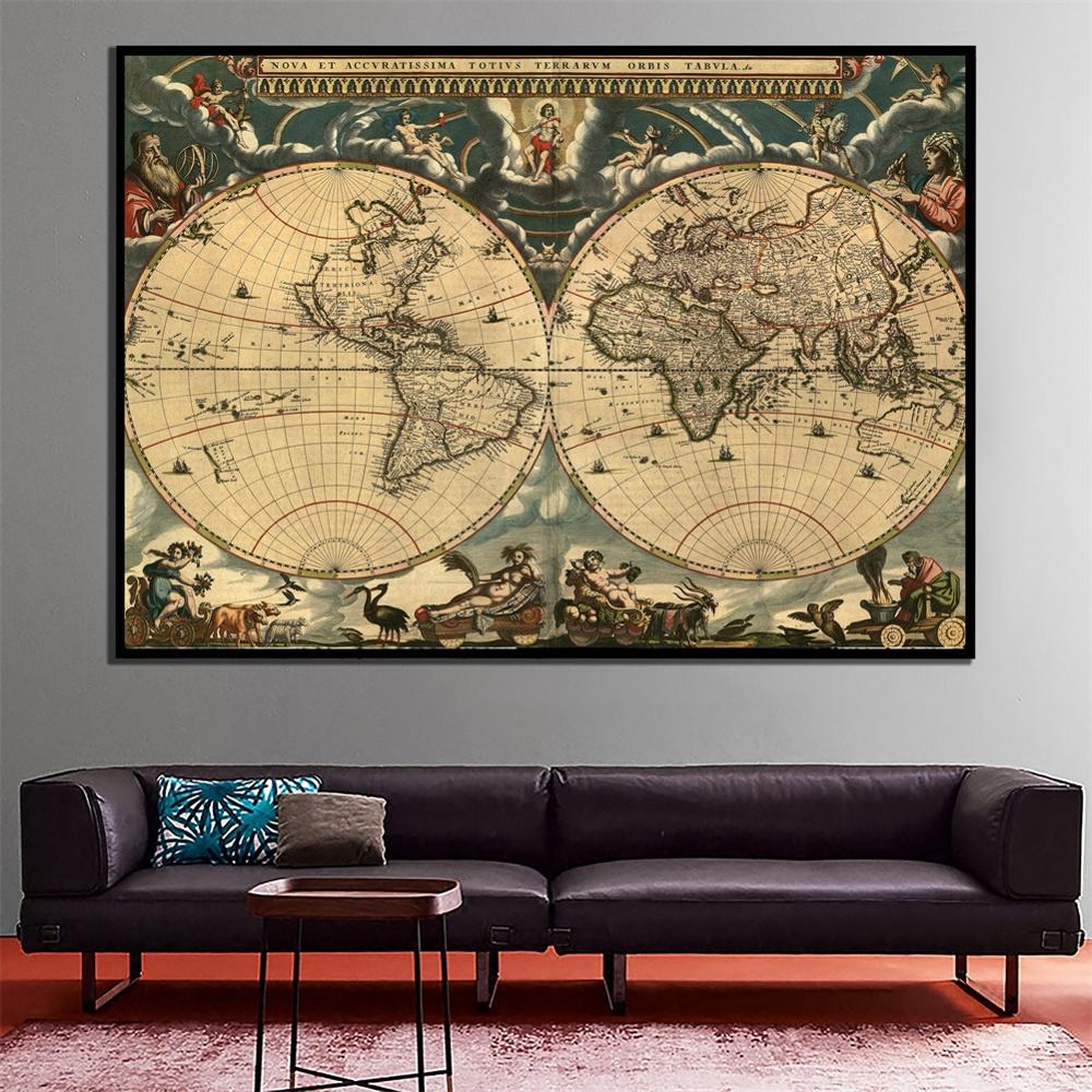 A2 Size Retro World Map Fine Canvas Wall Map Print... – Grandado