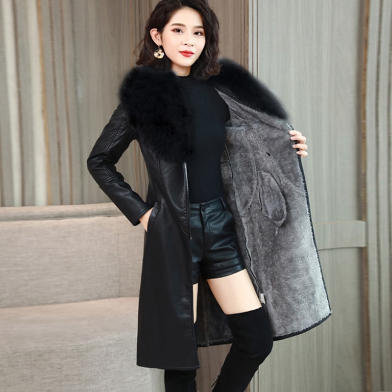 Winter Long Leather Jacket Women Slim Faux Fur Col... – Grandado