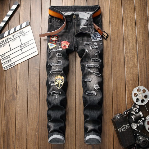 Raka jeans män streetwear förstörda riven punk hip... – Vicedeal