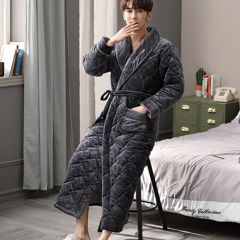 Men Geometric Kimono Bathrobe Winter Flannel Quilt... – Vicedeal