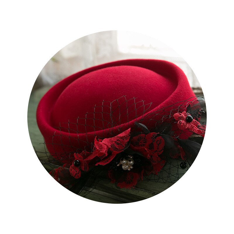 Vintage Red Pure Wool Fedora Cap Women Mesh Flower... – Grandado