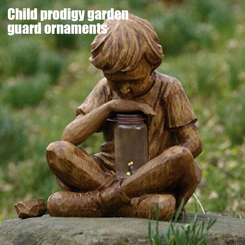 Meditatieve Jongen Tuin Standbeeld Licht Houten Vo... – Vicedeal