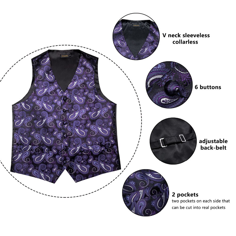 Dibangu mænds lilla sort paisley vest vest lomme f... – Grandado