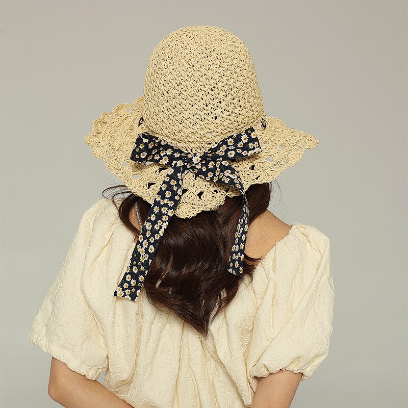 Daisy Lint Strooien Hoed Met Boog Brede Rand Opvou... – Vicedeal