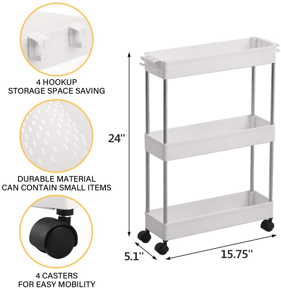 3-Tier Slim Storage Cart Mobile Shelving Unit Orga... – Grandado