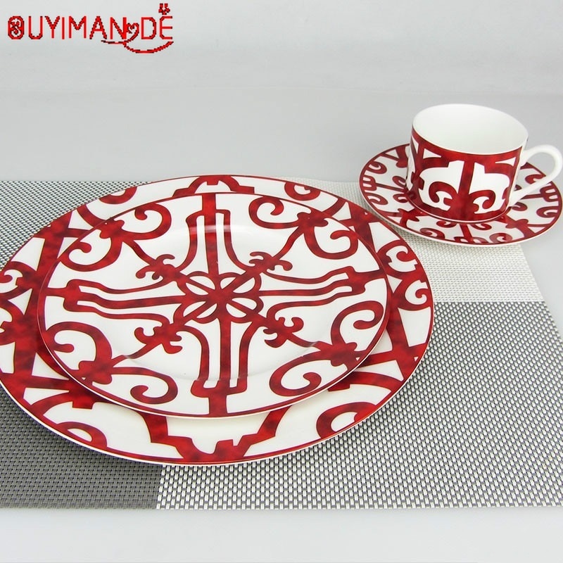 Bone China Dinner Plate Red Grid Dish Art Plate Di... – Grandado