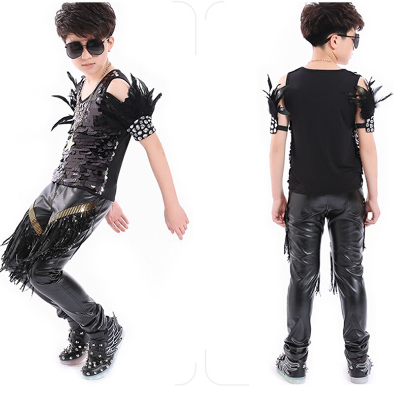 Children Hip Hop Costumes Black Sequined Vest Tass... – Grandado