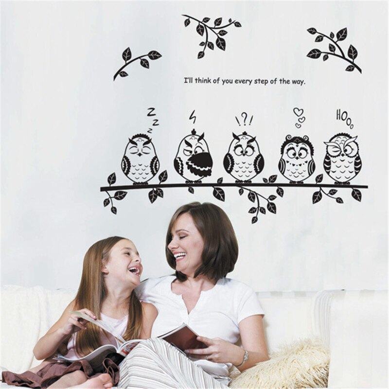 Zwarte Cartoon Uil Muursticker Leuke Vijf Vogels O... – Vicedeal
