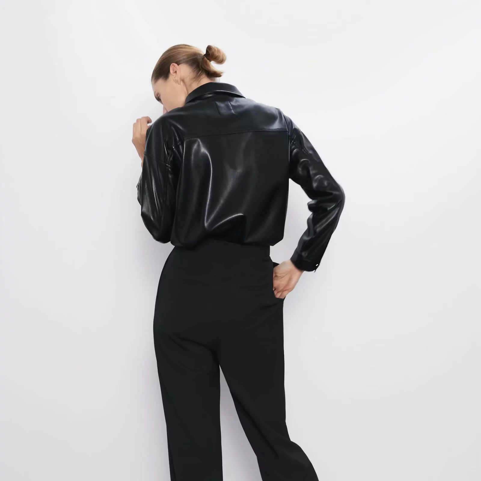 ZA spring women basic style black PU leather long ... – Grandado