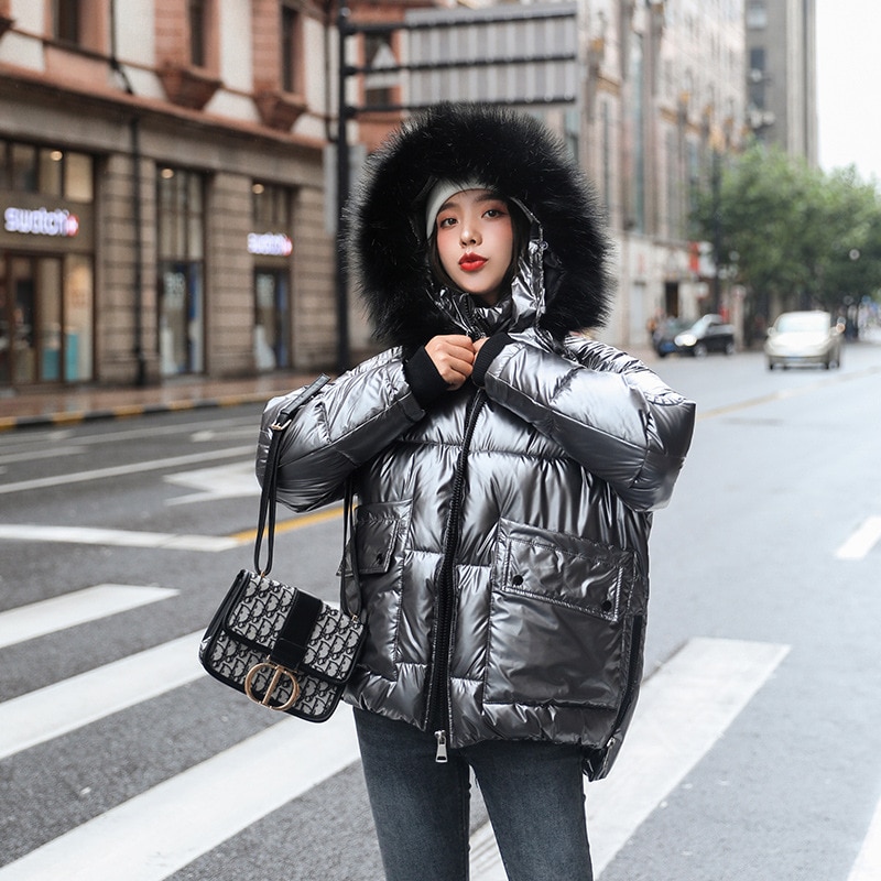 Autumn Winter Women's Short Glossy Down Cotton Hoo... – Grandado