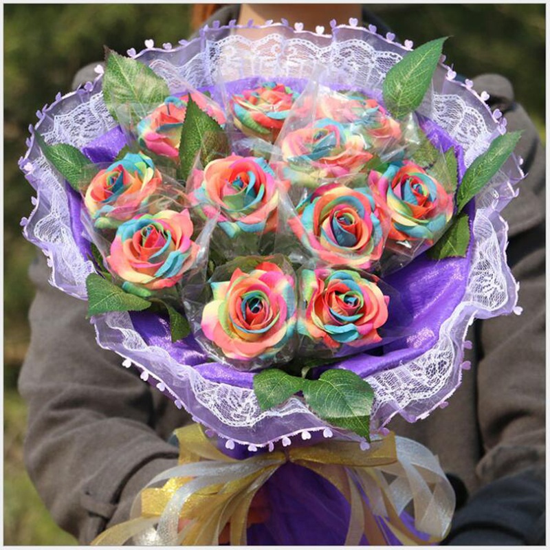 10pcs Colorful Artificial Silk Flower Rainbow Rose... – Grandado