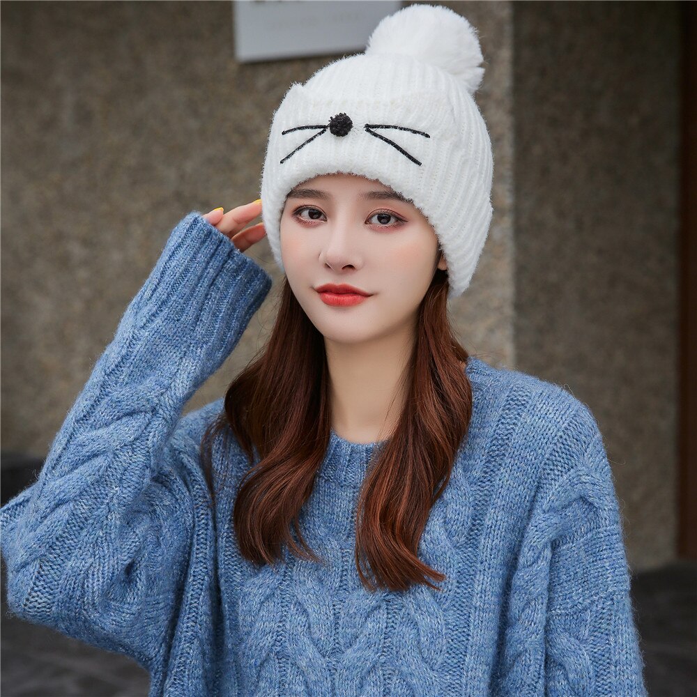 Vrouwen Pompom Bal Kat Cap Knit Pluche Bont Hoeden... – Vicedeal
