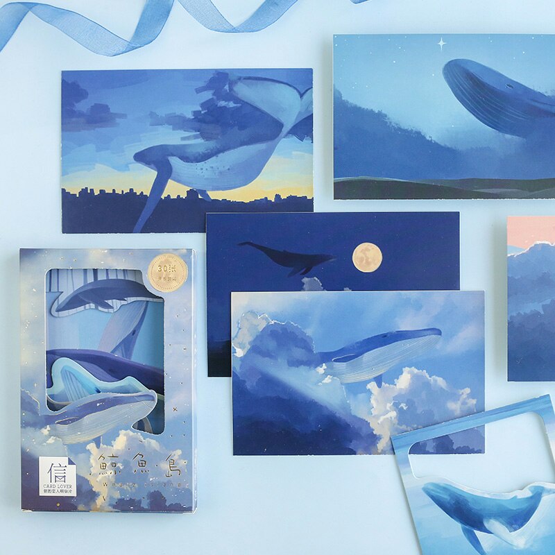 30 sheets /Box Blue Style Whale Island Postcards C... – Grandado