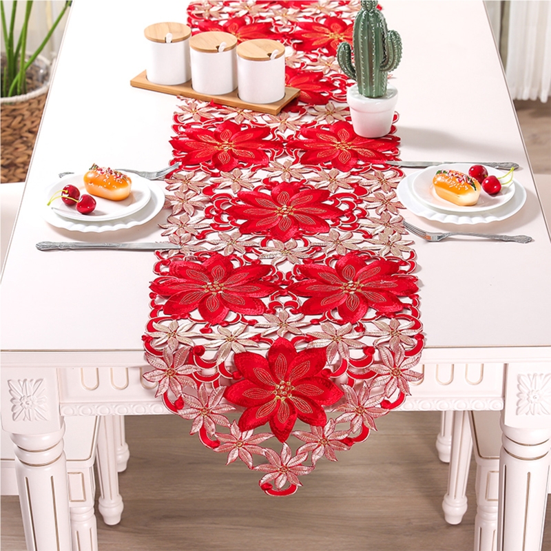 Kerst Tafelloper, Cutwork Geborduurde Bloemen Kers... – Grandado