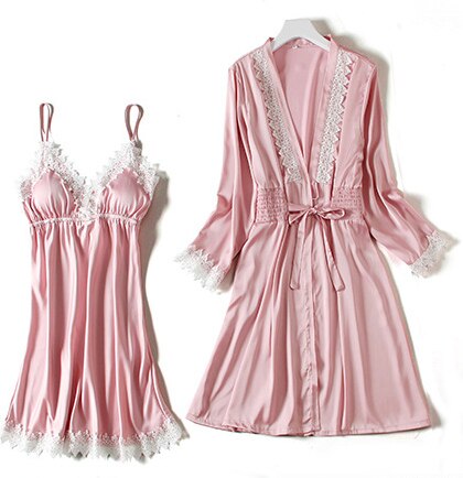 Gray 2PCS Pajamas Set Womens V-Neck Nightgown Lace... – Grandado