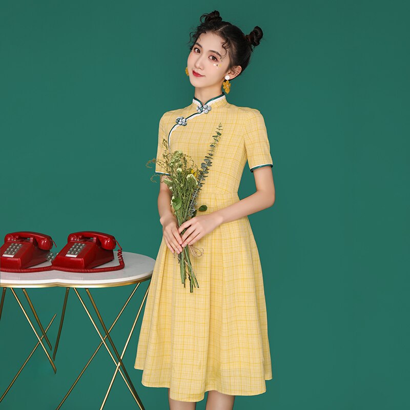 Retro Improved Cheongsam Girls Cotton Linen Lattic... – Grandado