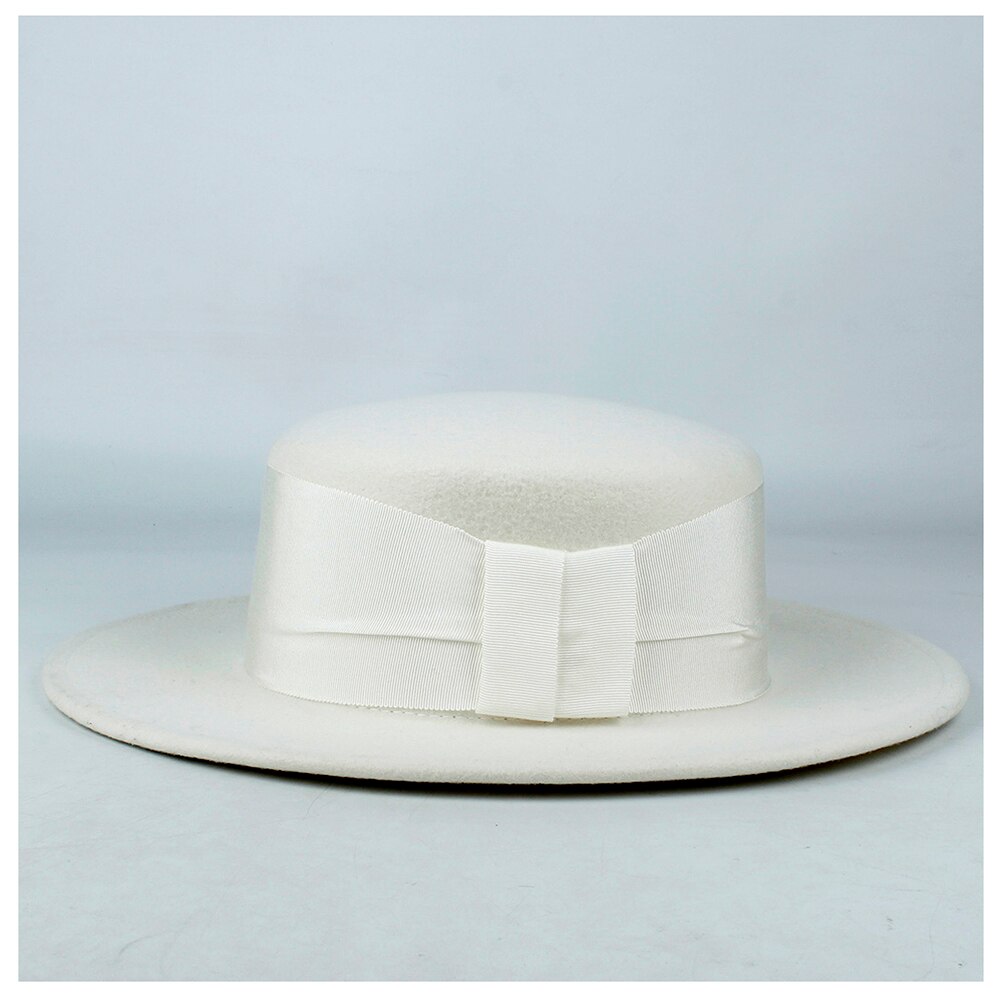 100% Wool Women White Flat Top Hat With White Ribb... – Grandado