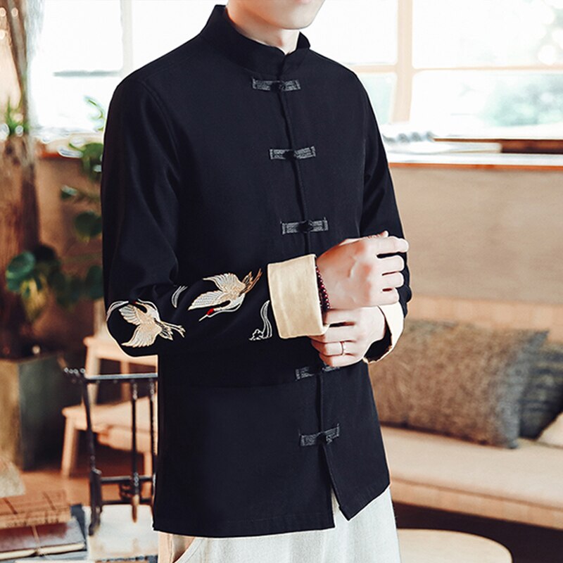 Red-Crowned Crane Embroidery Men Black Tang Jacket... – Vicedeal