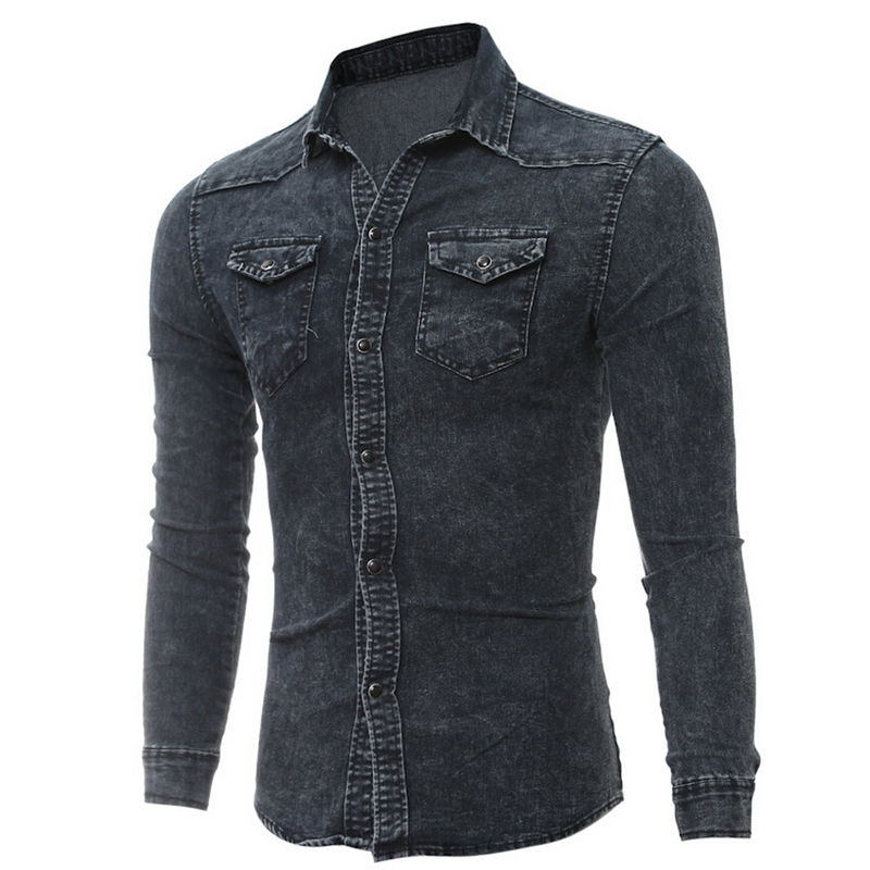 Mode Mannen Lange Mouw Solid Pocket Denim Drak Gri... – Grandado