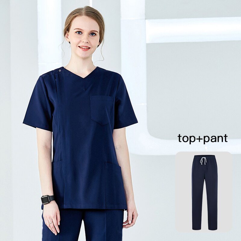 Uniforms Women Scrub Tops Pants V-Neck Navy Blue S... – Grandado