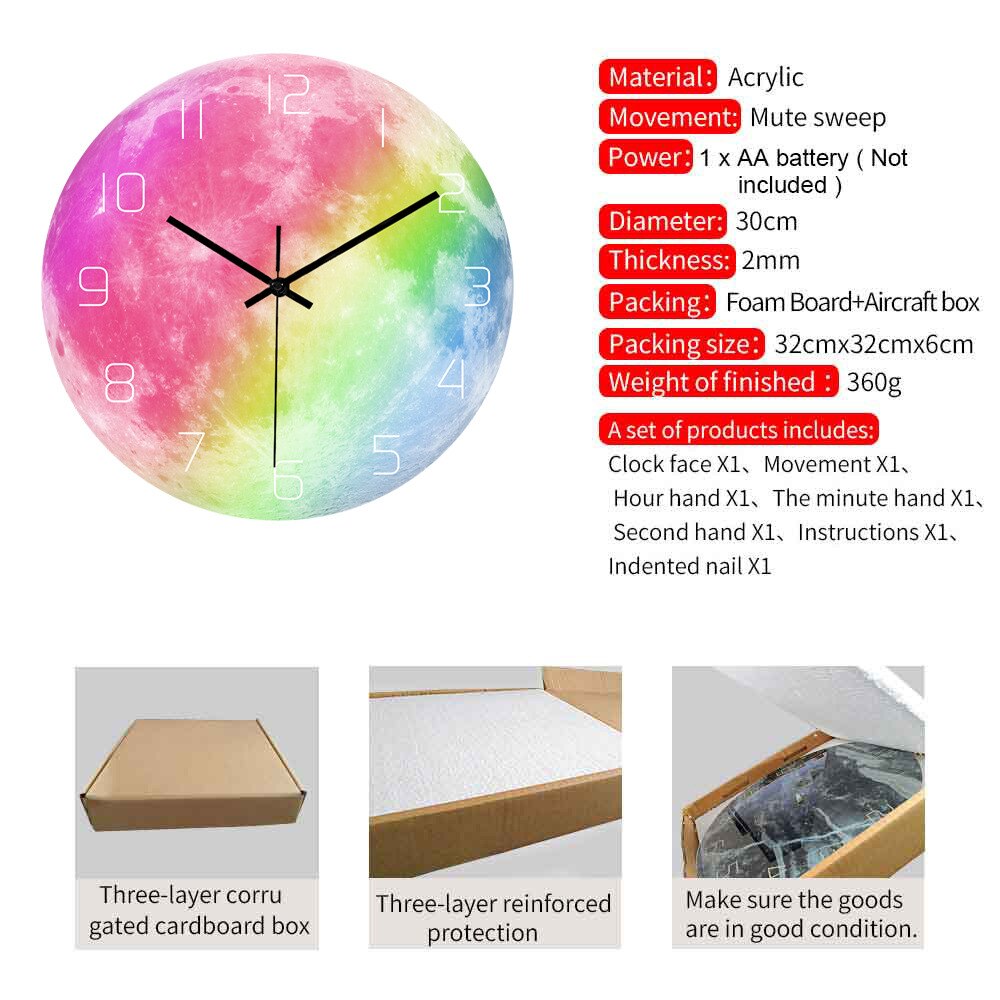 Clock116 Night Light Rainbow-colored Moon Wall Clo... – Grandado