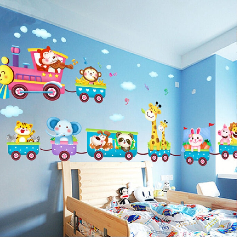 Cartoon Animal Wall Sticker Monkey Giraffe Train A... – Grandado