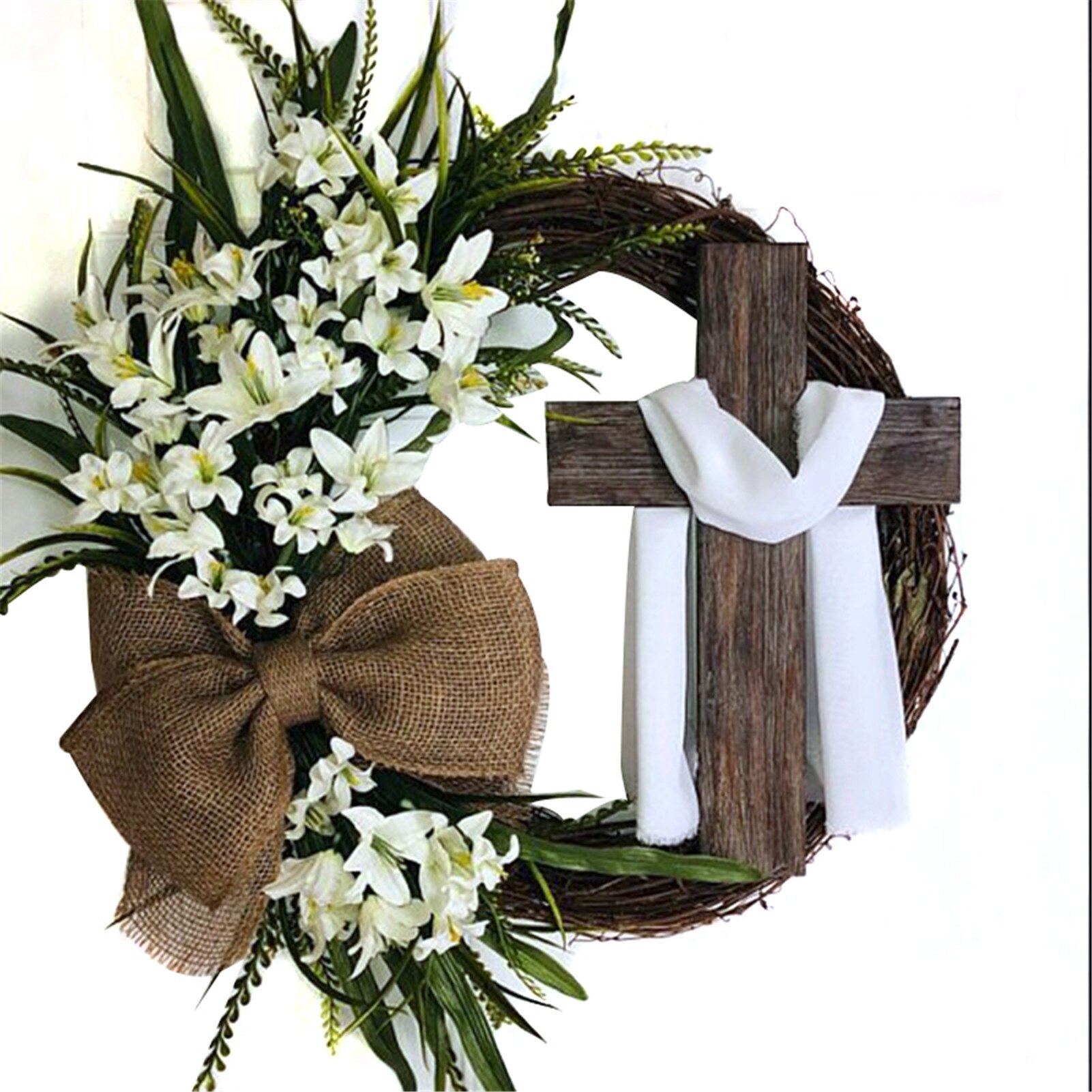 Easter Wreath With Cross Burlap Bow Rustic Grapevi... – Vicedeal