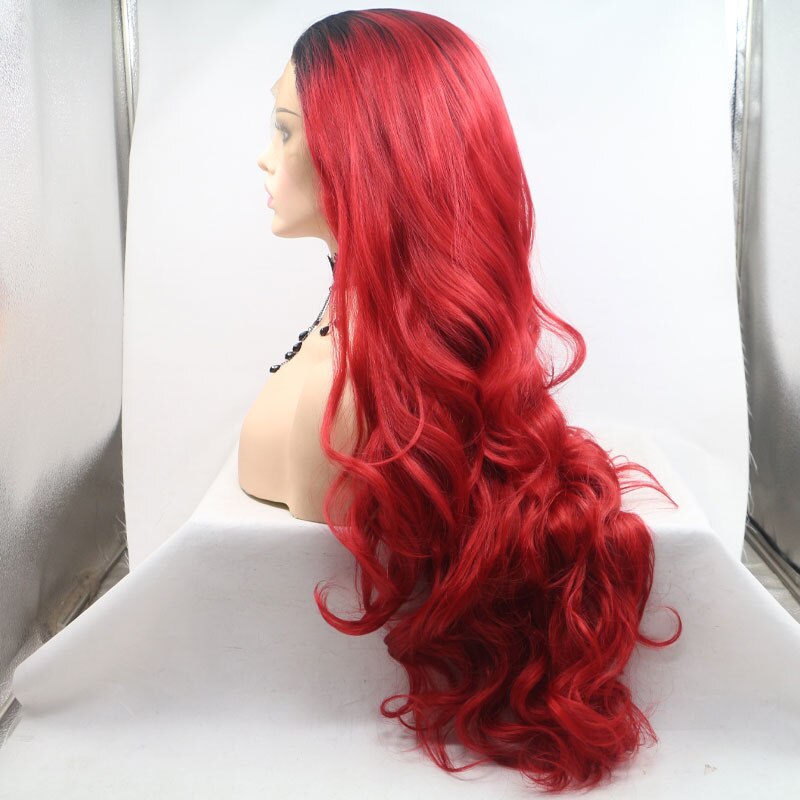 Ombre Black Roots To Red Body Wave Synthetic Lace ... – Vicedeal