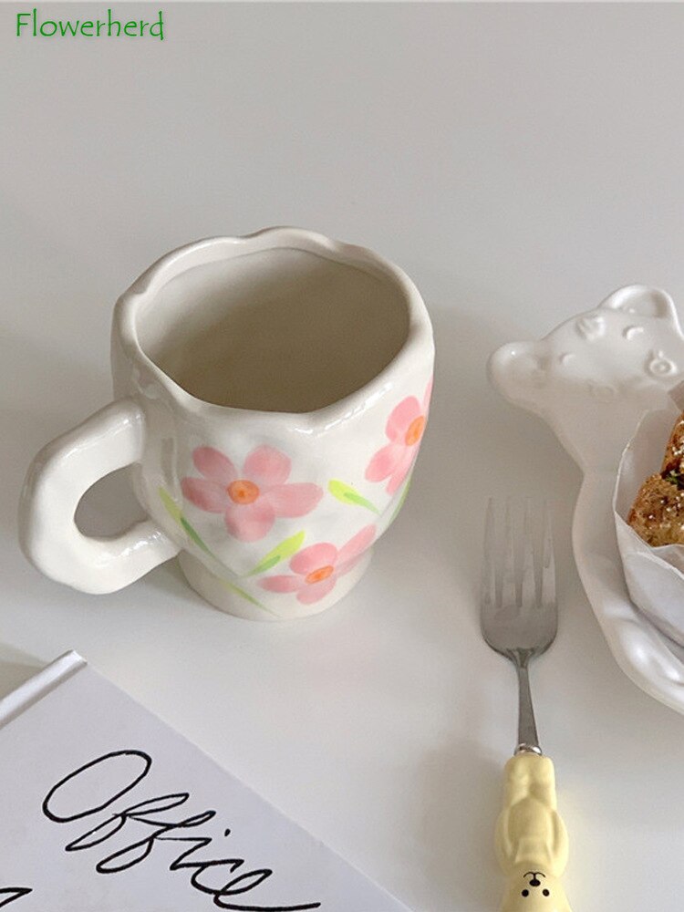 Hand Pinch Ceramic Coffee Cup with Handle Flower H... – Grandado