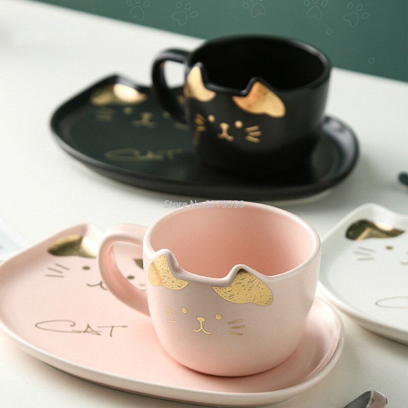 200ML Cartoon Ceramics Cat Mug Set with Saucers Sp... – Grandado