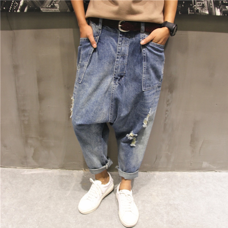 Summer blue Crotch denim pants Male Streetwear dan... – Grandado